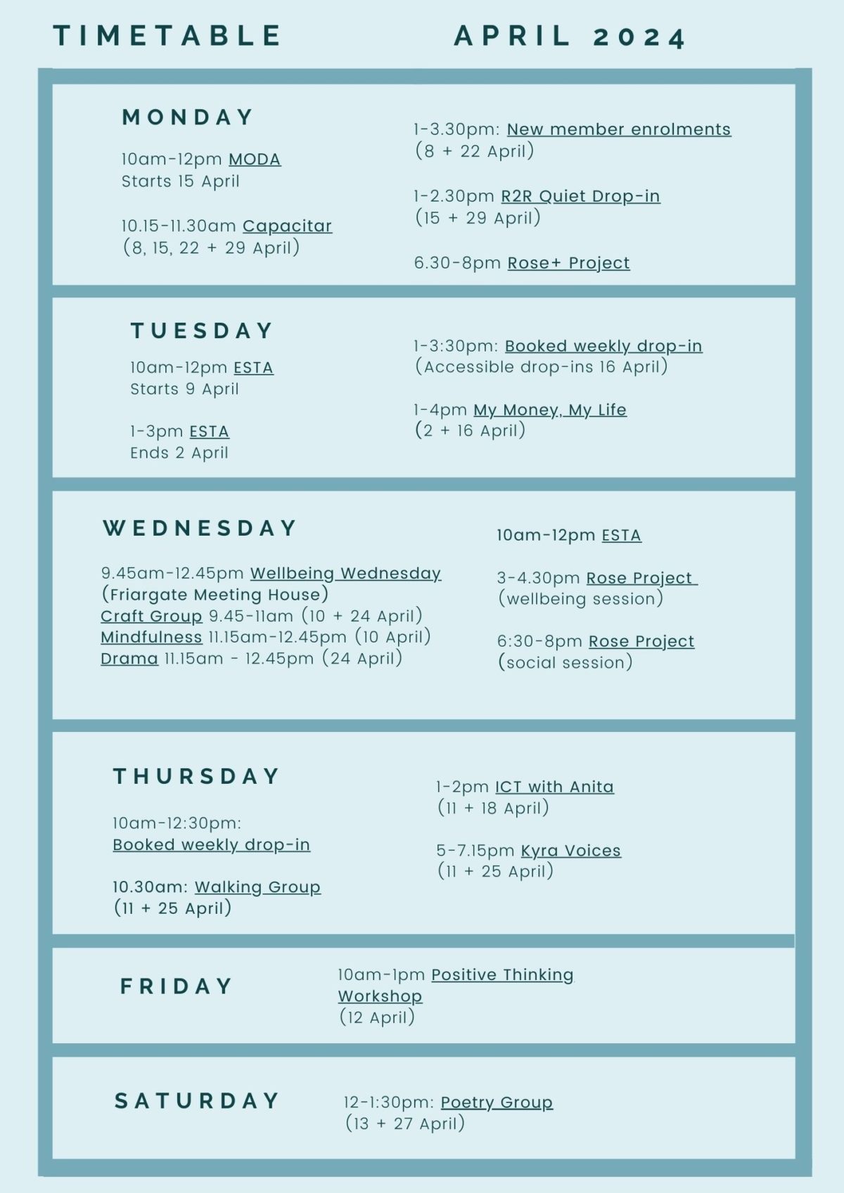 Activity Timetable – Kyra Women's Project