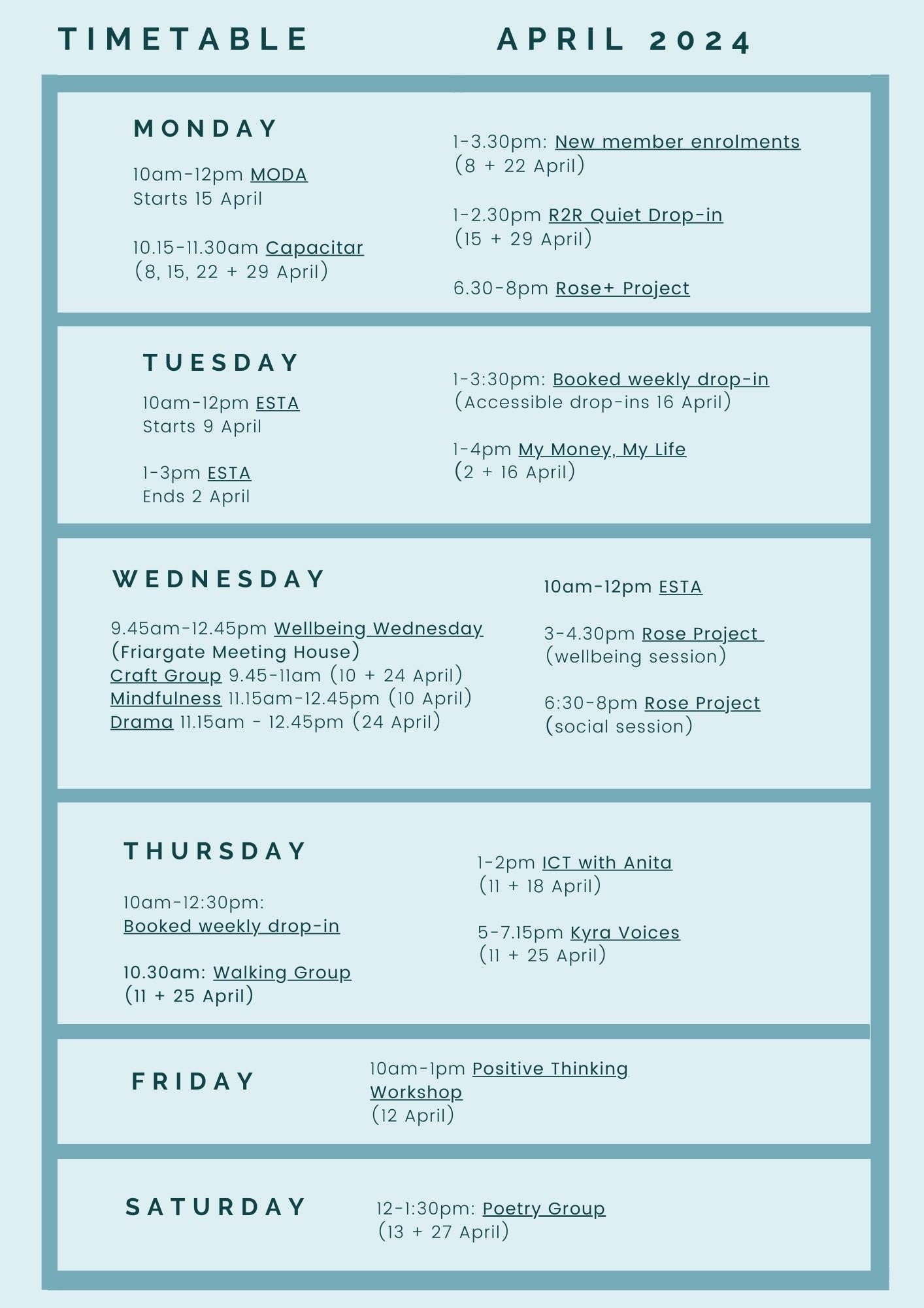 Activity Timetable – Kyra Women's Project